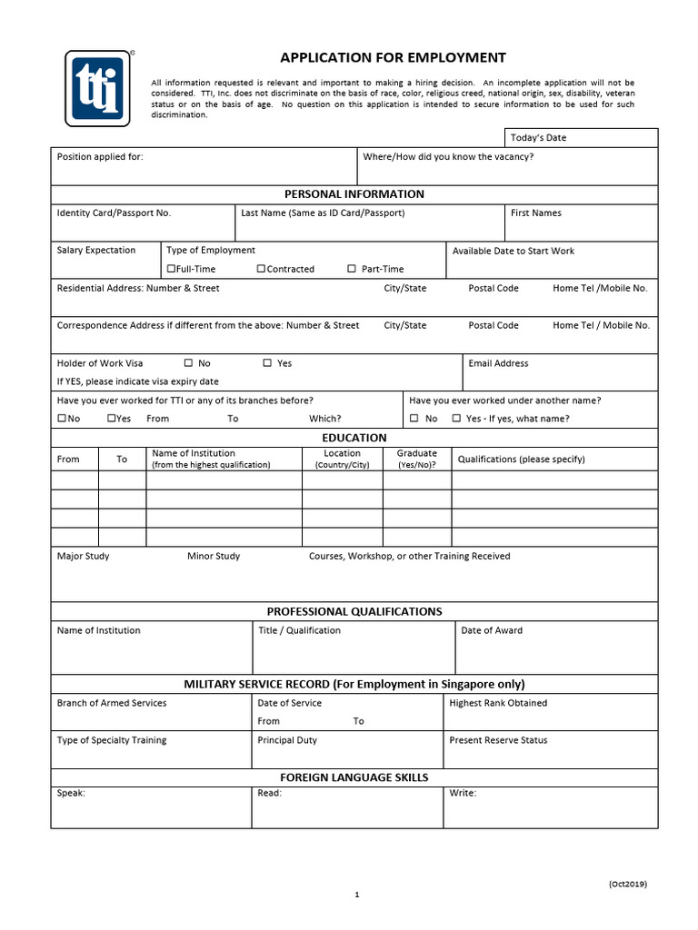 Tti Application For Employment | PDF | Identity Document | Employment