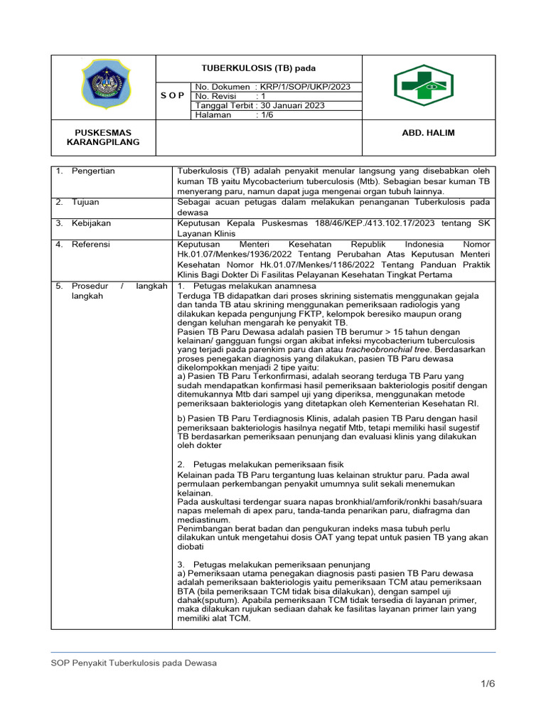 SOP Penanganan Tuberkulosis Dewasa | PDF