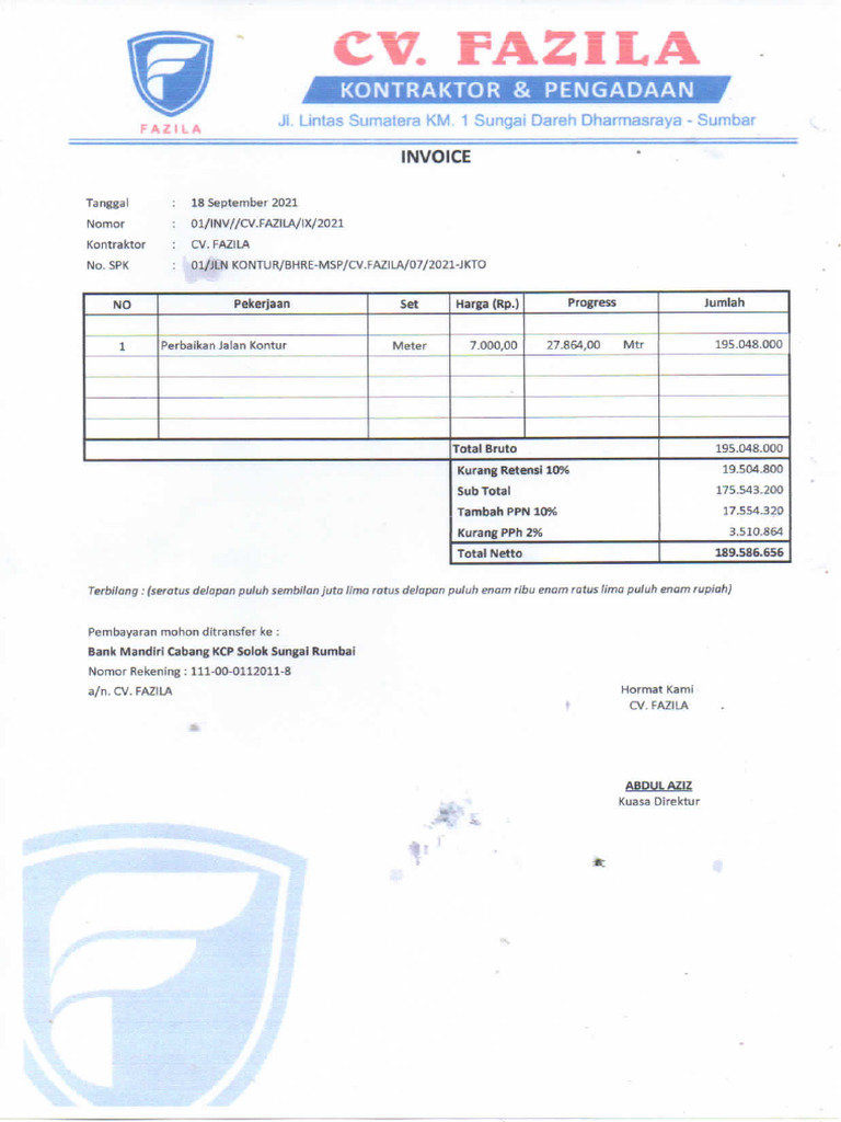 Contoh INVOICE CV. FAZILA 2 | PDF