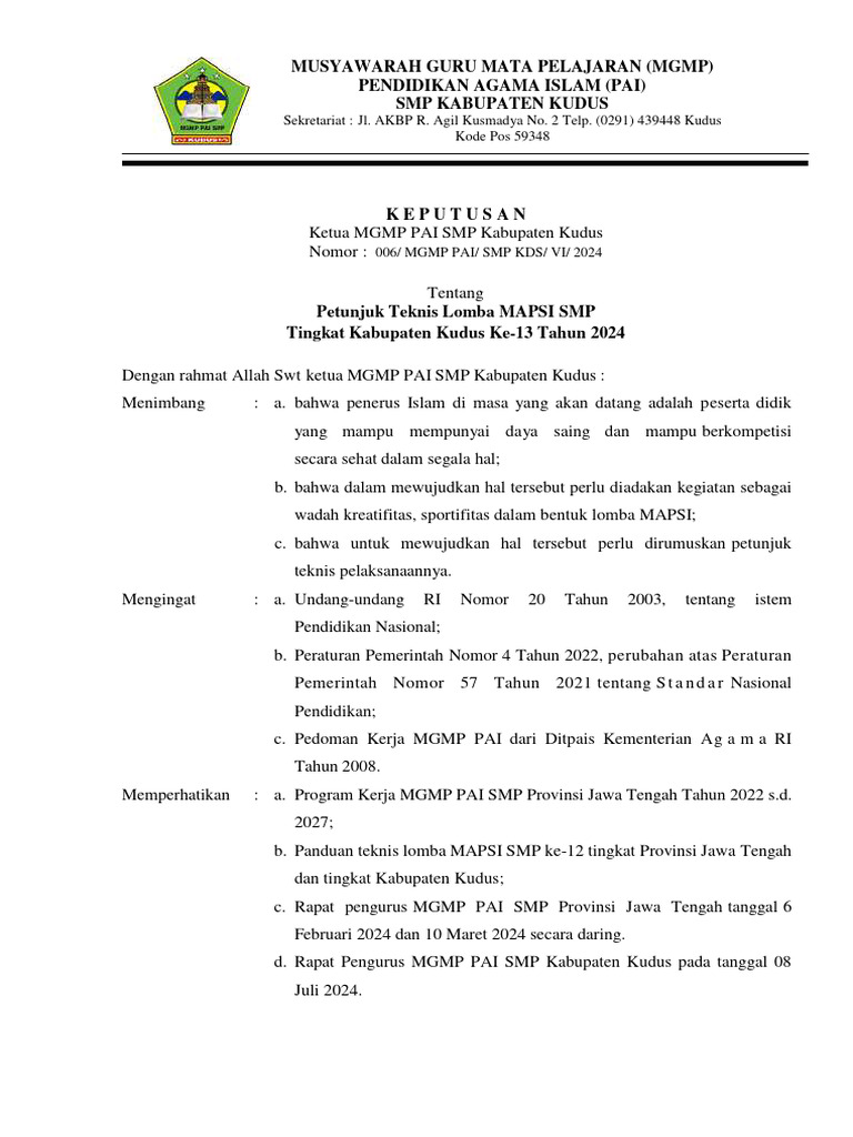 Juknis Lomba MAPSI SMP 2024 Kudus | PDF