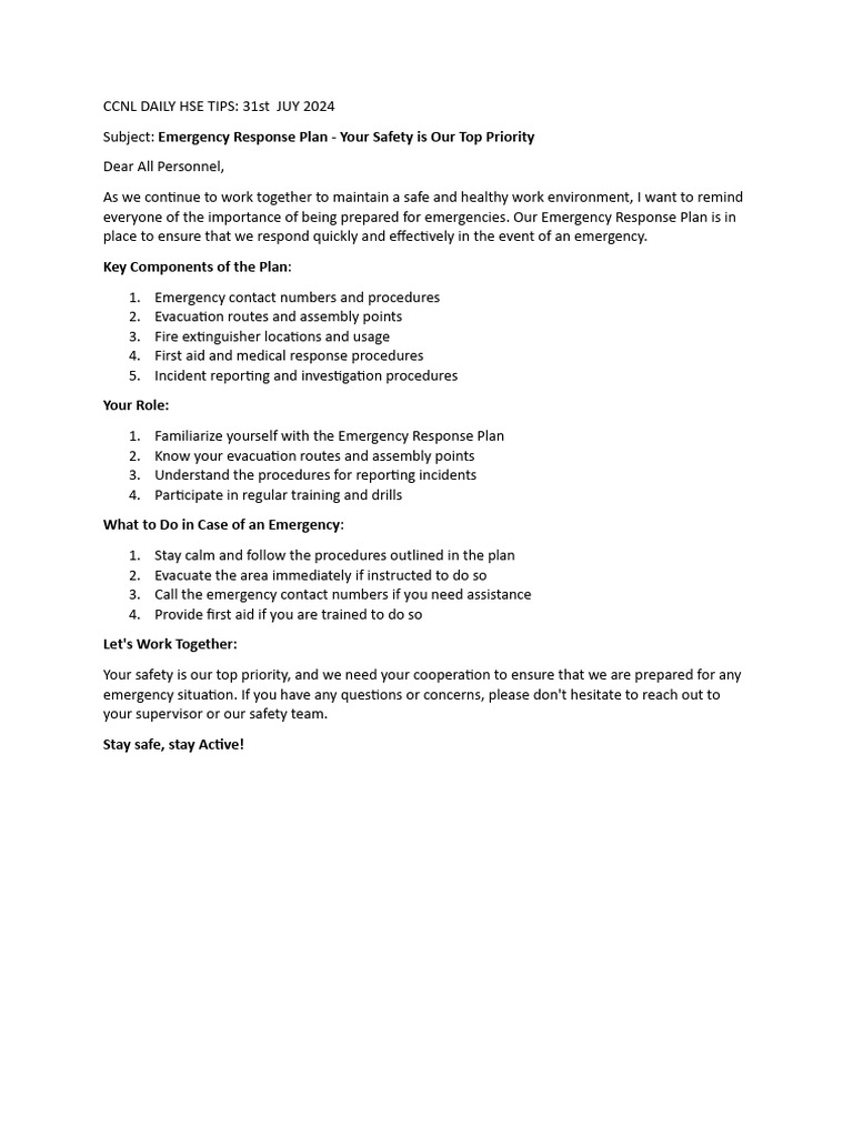 Daily HSE Daily Tip - Emergency Response Plan | PDF | Career & Growth