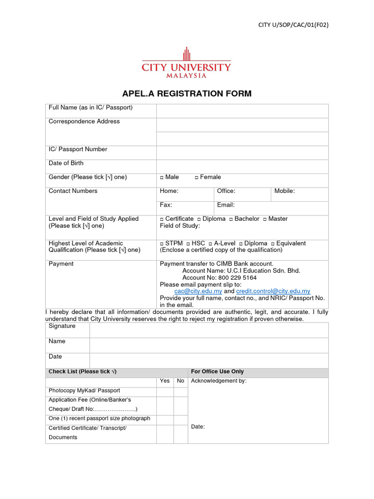 APEL.A Registration Form | PDF | Business