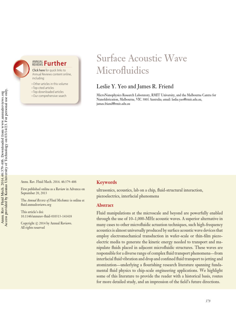 Yeo 2014 Surface Acoustic Wave Microfluidics | PDF | Waves | Microfluidics