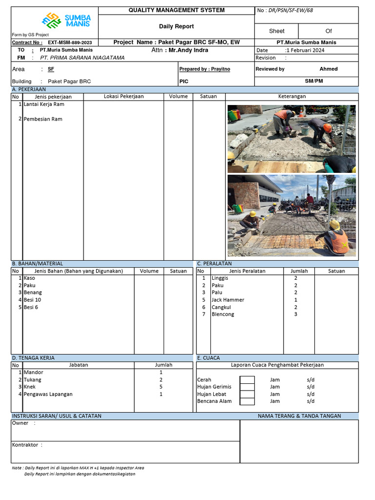 Contoh Pengisian Daily Report | PDF