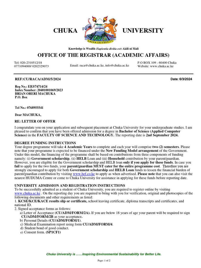 Chuka University Admission Letter 2024 | PDF | Banks | Fee