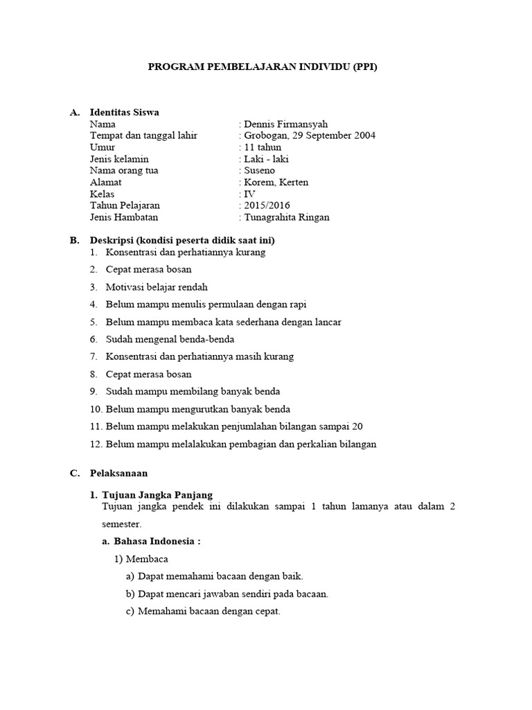 Program Pembelajaran Individual Dennis | PDF | Karier & Perkembangan