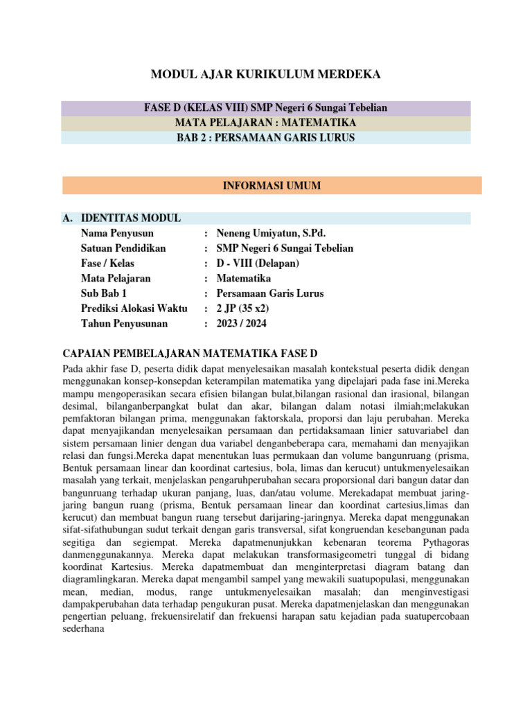 Modul Ajar Persamaan Garis Lurus Kelas 8 | PDF