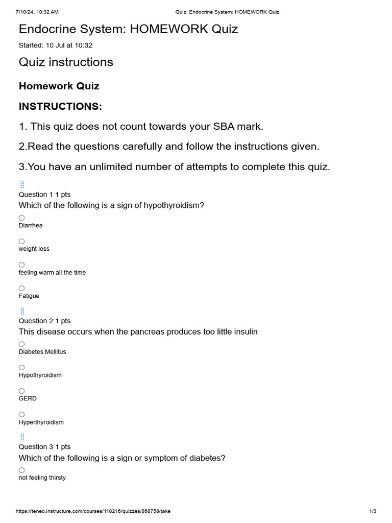 Quiz Endocrine System Homework Quiz Pdf Endocrine System Hormone