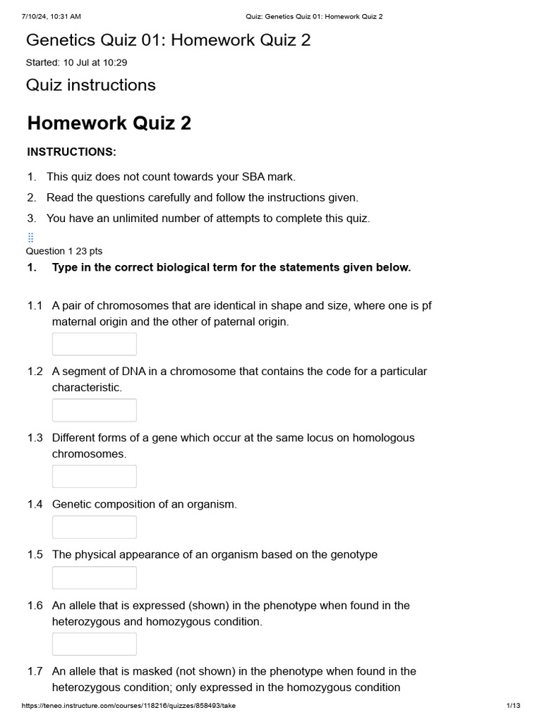 Quiz - Genetics Quiz 01 - Homework Quiz 2 | PDF | Zygosity | Genotype