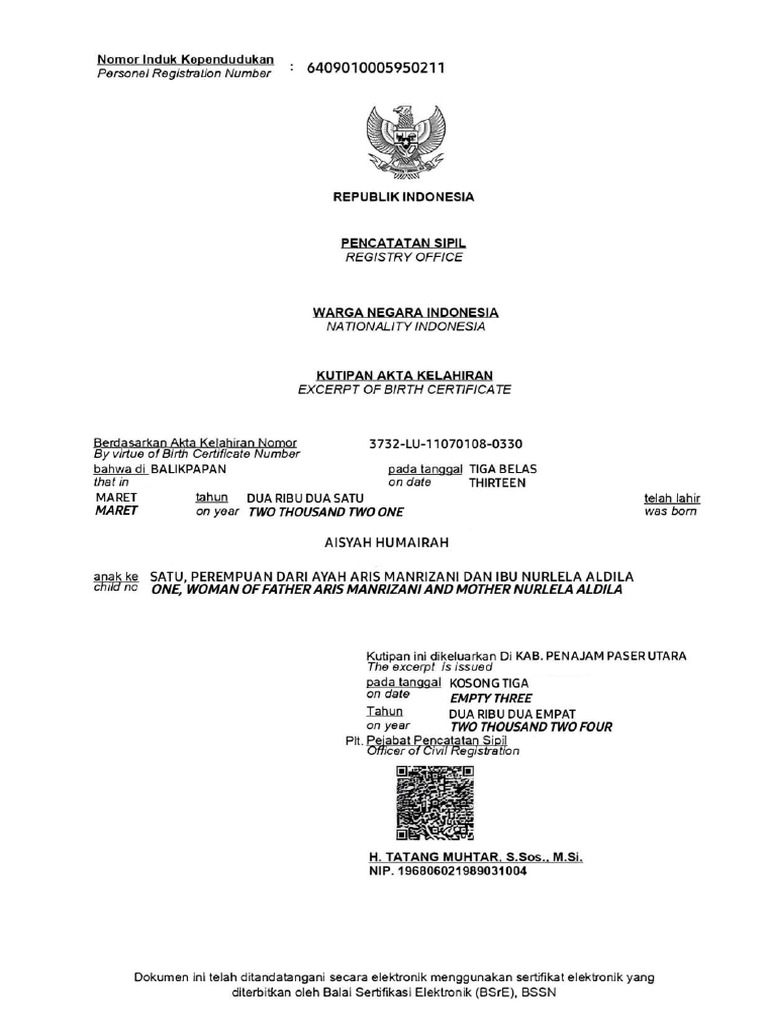 Akta Kelahiran Aisyah Humairah | PDF