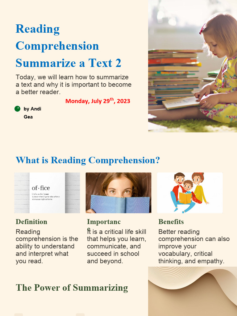 July 29th 2024 Reading Comprehension Summarize a Text for Grade 5 Students | PDF | Reading ...