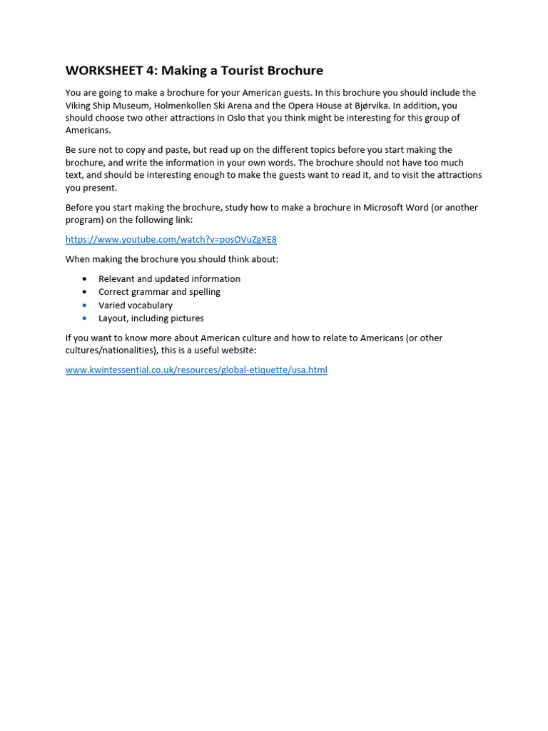 Hotel Reception Worksheet 4 Making A Tourist Brochure | PDF
