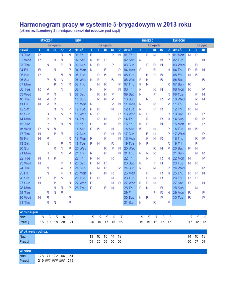 Harmonogram Czasu Pracy - Grafik Czasu Pracy - 2013 | PDF