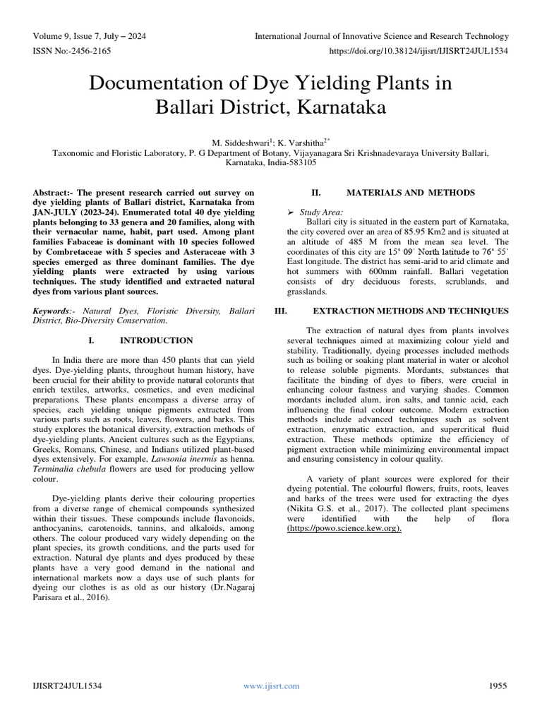 Documentation of Dye Yielding Plants in Ballari District, Karnataka | PDF | Botany | Plants