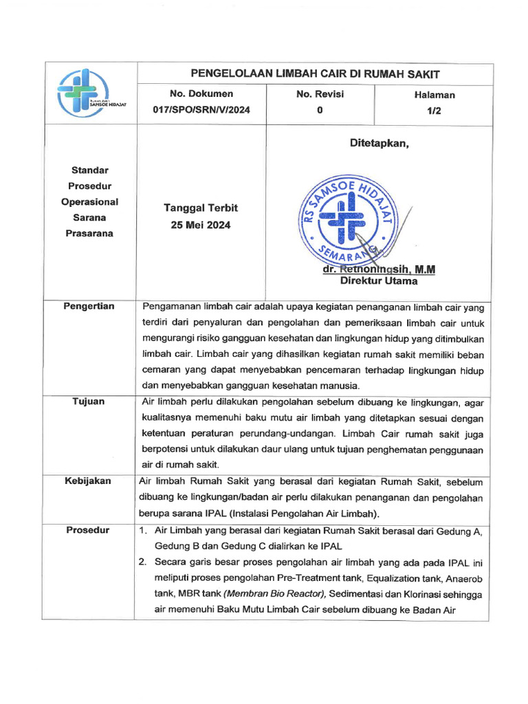 SPO 017-24 Pengelolaan Limbah Cair Di RS | PDF