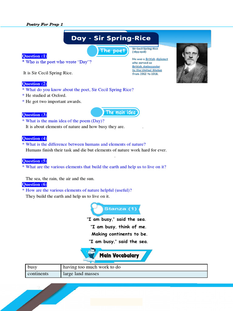 Analysis of Sir Cecil Spring Rice's Poem "Day" | PDF | Poetry | Sun
