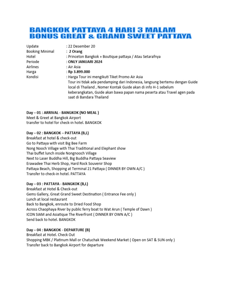 Tour Bangkok-Pattaya Januari 2024 | PDF | Bisnis