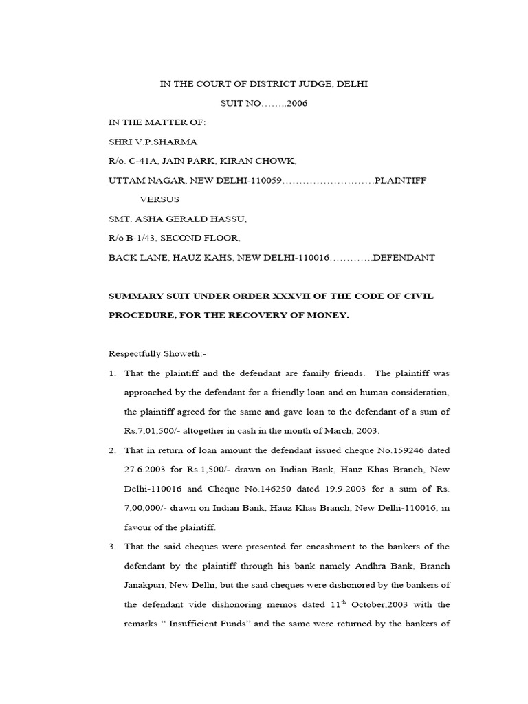 Summary SUIT UNDER ORDER XXXVII | PDF | Cheque | Justice