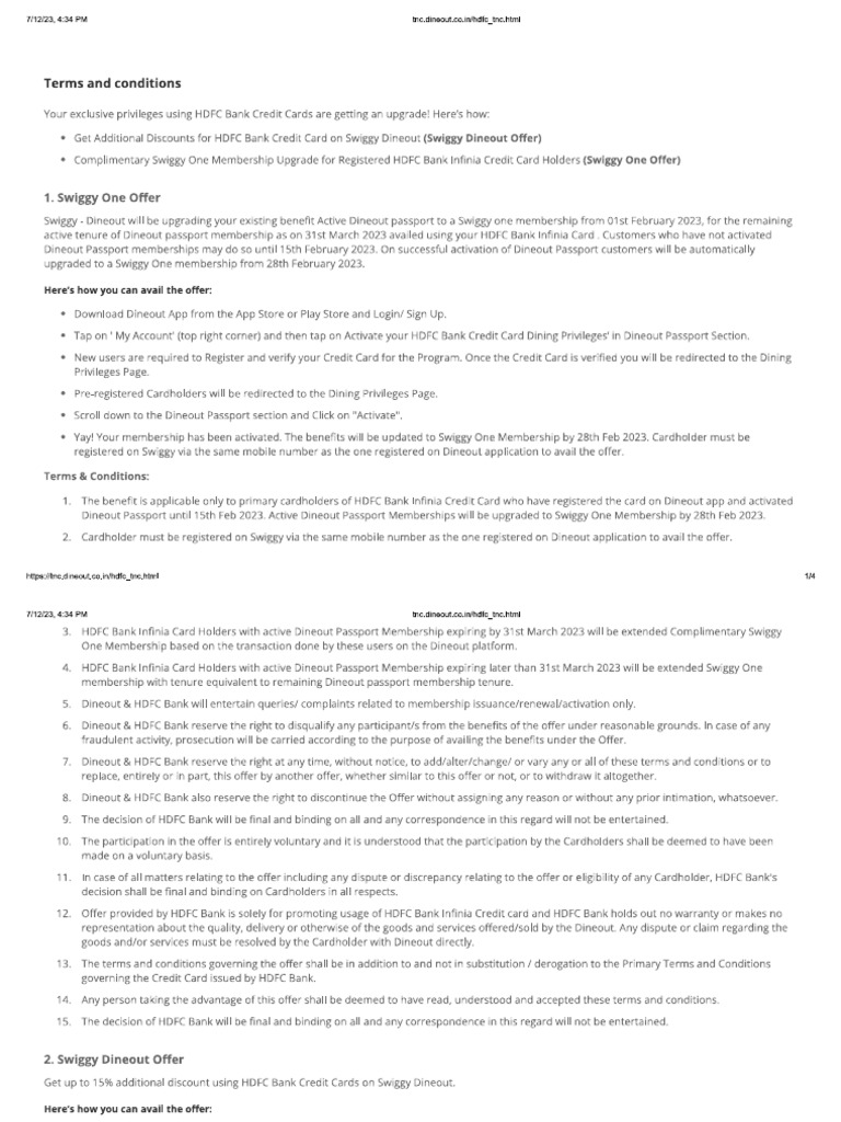 TNC - Dineout.co - in HDFC TNC | PDF