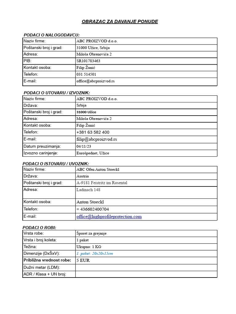 Obrazac Za Davanje Ponude - Austrija Prikljucak 29.05.2024. | PDF