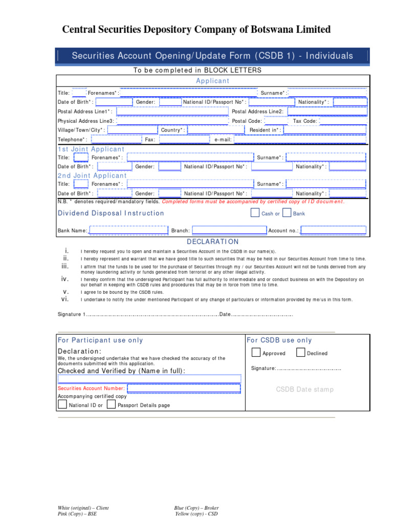 CSD Acc Opening Form Individuals Printversion | PDF | Securities (Finance)