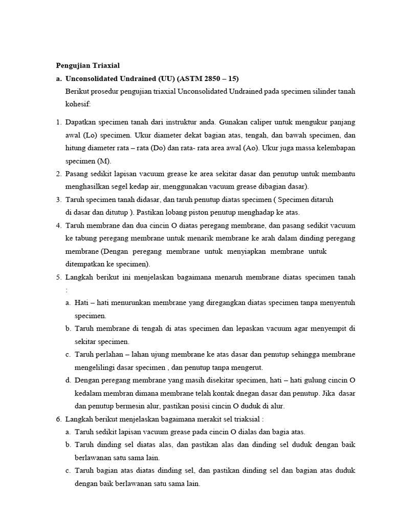 Cara Uji Triaxial UU Dan CU | PDF | Metode & Bahan Ajar | Sains & Matematika