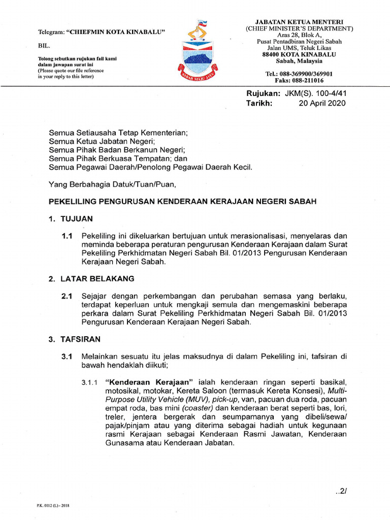 JKM 20.4.2020 Pekeliling Pengurusan Kenderaan Kerajaan Negeri Sabah | PDF