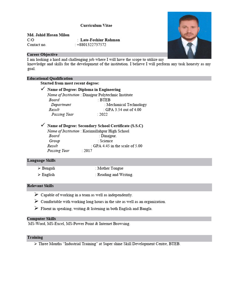 Jahid Hasan Milon CV | PDF