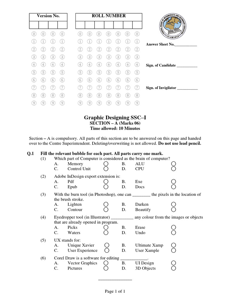 Graphic Designing SSC-I Exam Paper | PDF | Adobe Illustrator | Graphics