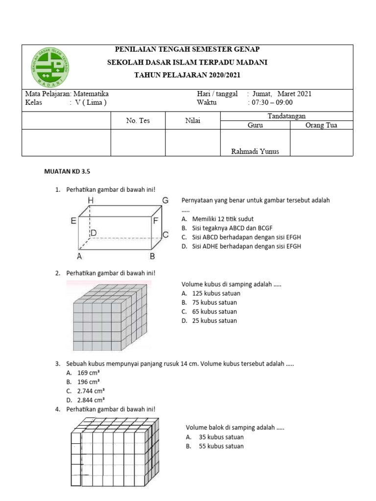 Kelas 5 PTS Matematika Genap 2021 | PDF | Griya & Taman