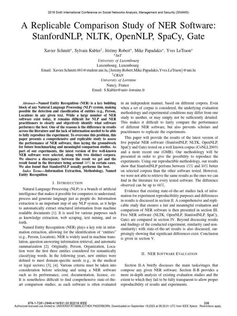 A Replicable Comparison Study of NER Software StanfordNLP NLTK OpenNLP SpaCy Gate | PDF | Computing