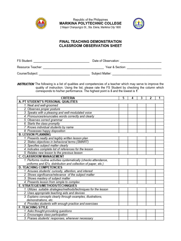 Fs Final Demo Observation Sheet | PDF | Teachers | Classroom Management