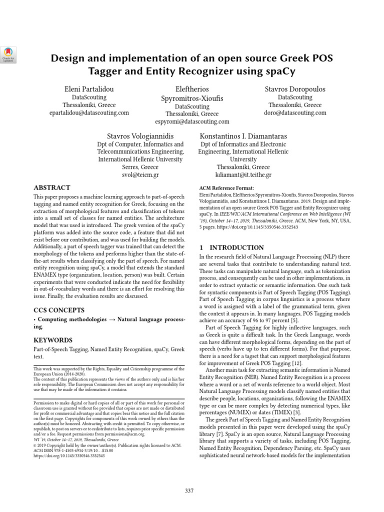 Design and Implementation of An Open Source Greek POS Tagger and Entity Recognizer Using Spacy ...