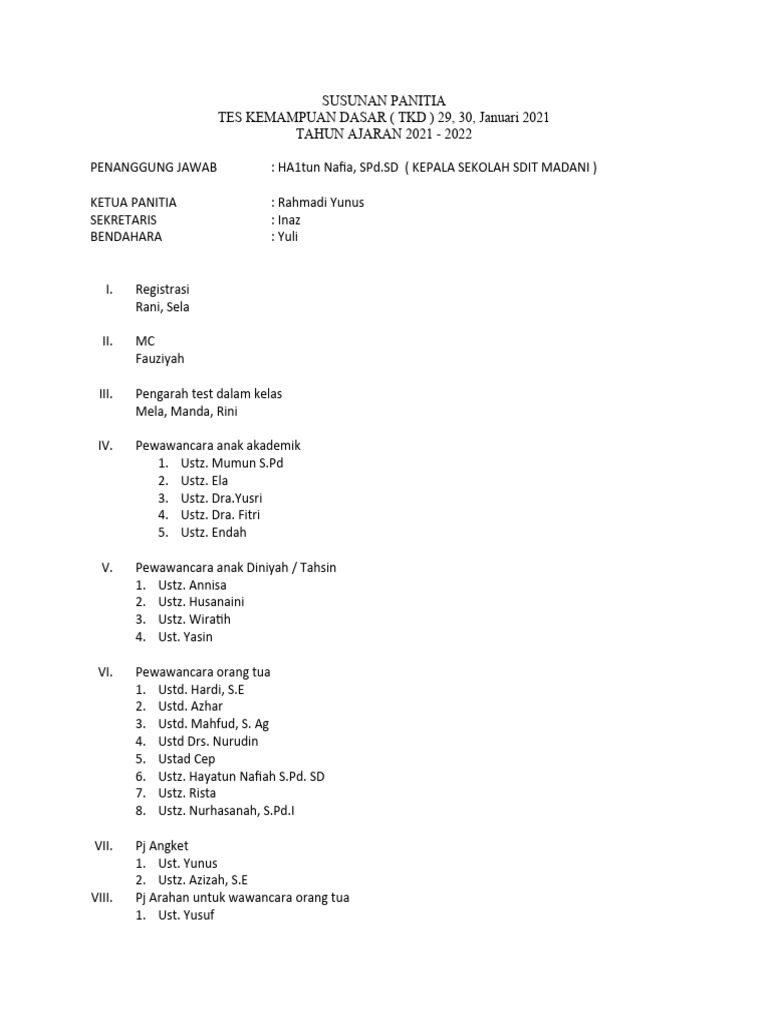 Susunan Panitia TKD 2024 | PDF