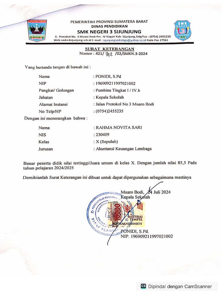 Surat Keterangan Juara Rahma Novita | PDF