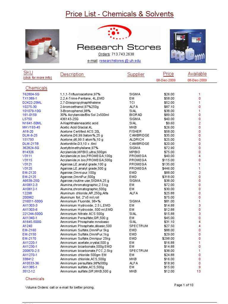 Price List - Chemicals Solvents | PDF