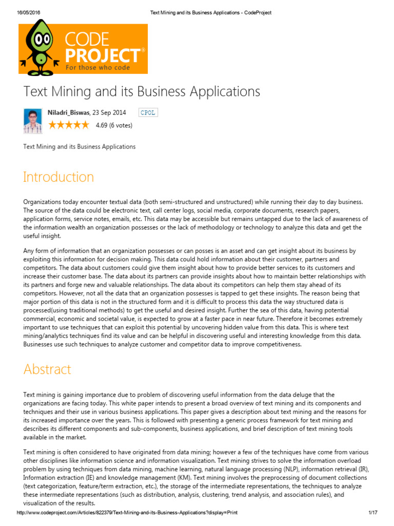 Text Mining and Its Business Applications | PDF | Parsing | Part Of Speech