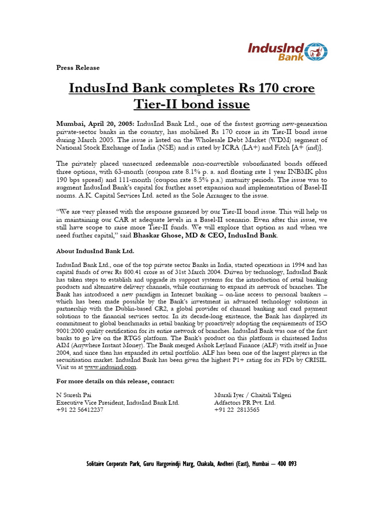 IndusInd Bank Completes Tier-II Bond Issue | PDF | Bonds (Finance) | Banks