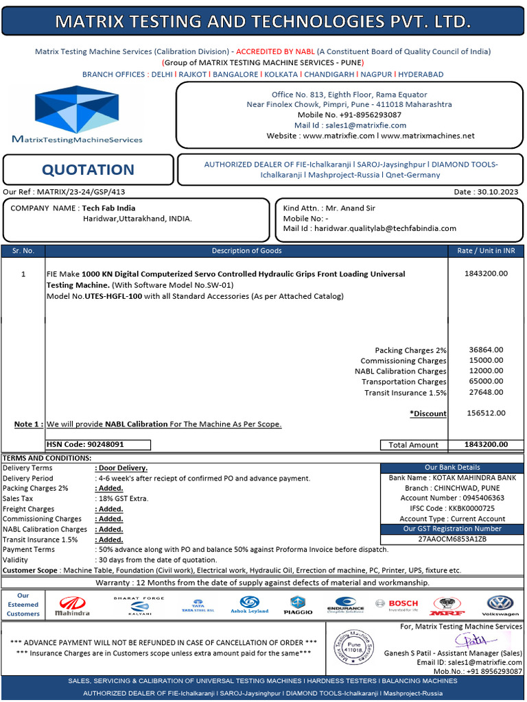 Quotation - Tech Fab India - UTES-HGFL-100 - 30.10.2023 | PDF
