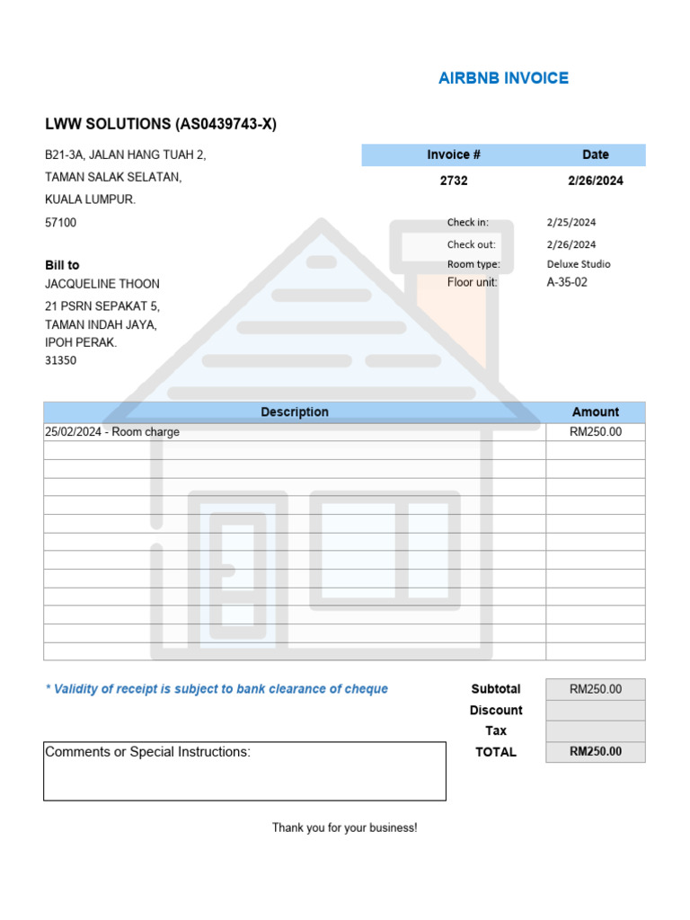 Airbnb Invoice Template | PDF