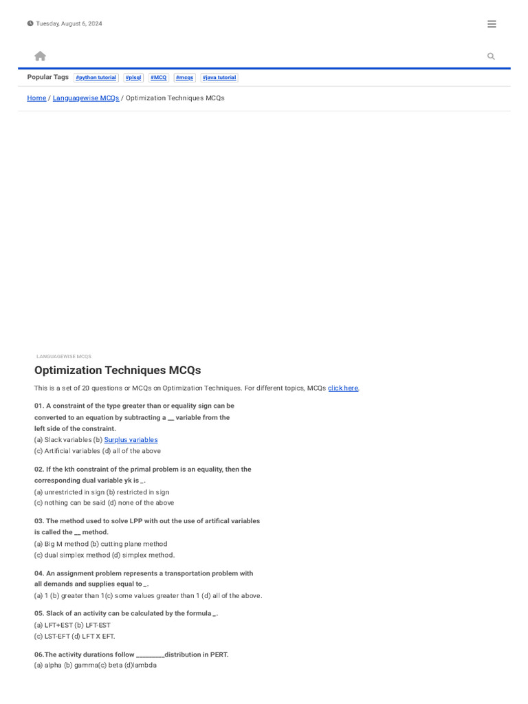 Optimization Techniques MCQs - Technicalblog - in | PDF | Linear Programming | Mathematical ...