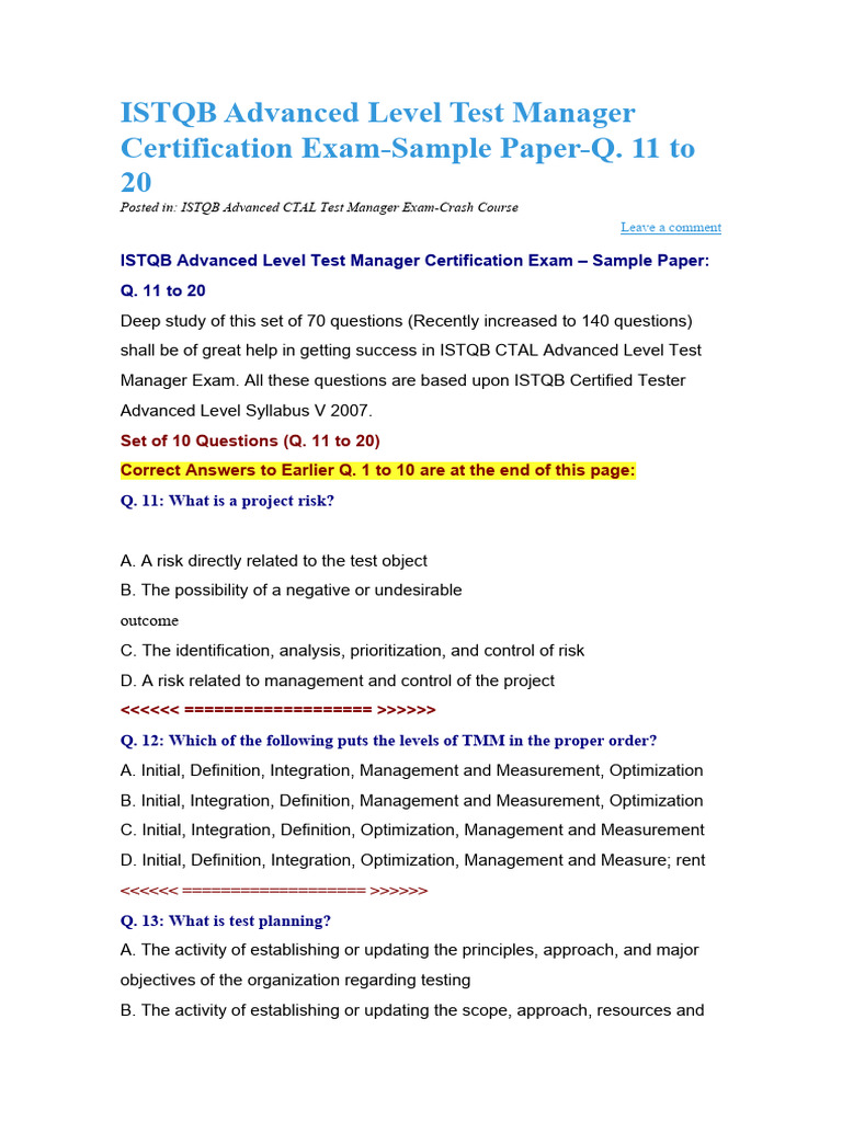 ISTQB Advanced Level Test Manager Certification Exam-Sample Paper-Q. 11 ...