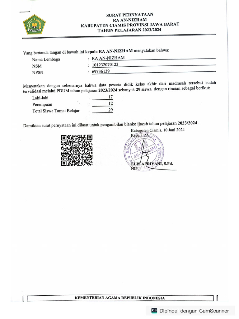 Surat Pernyataan PDUM RA An Nizham Tahun 2024 | PDF