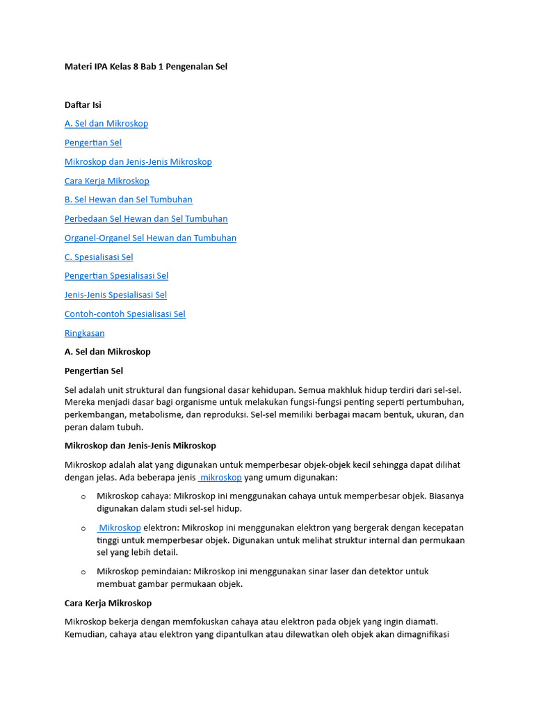Spesialisasi Sel dalam IPA Kelas 8 | PDF