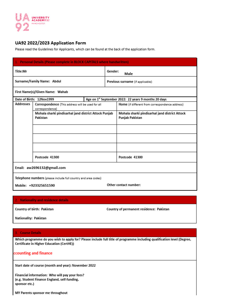 UA92 Direct Application Form 2022 | PDF