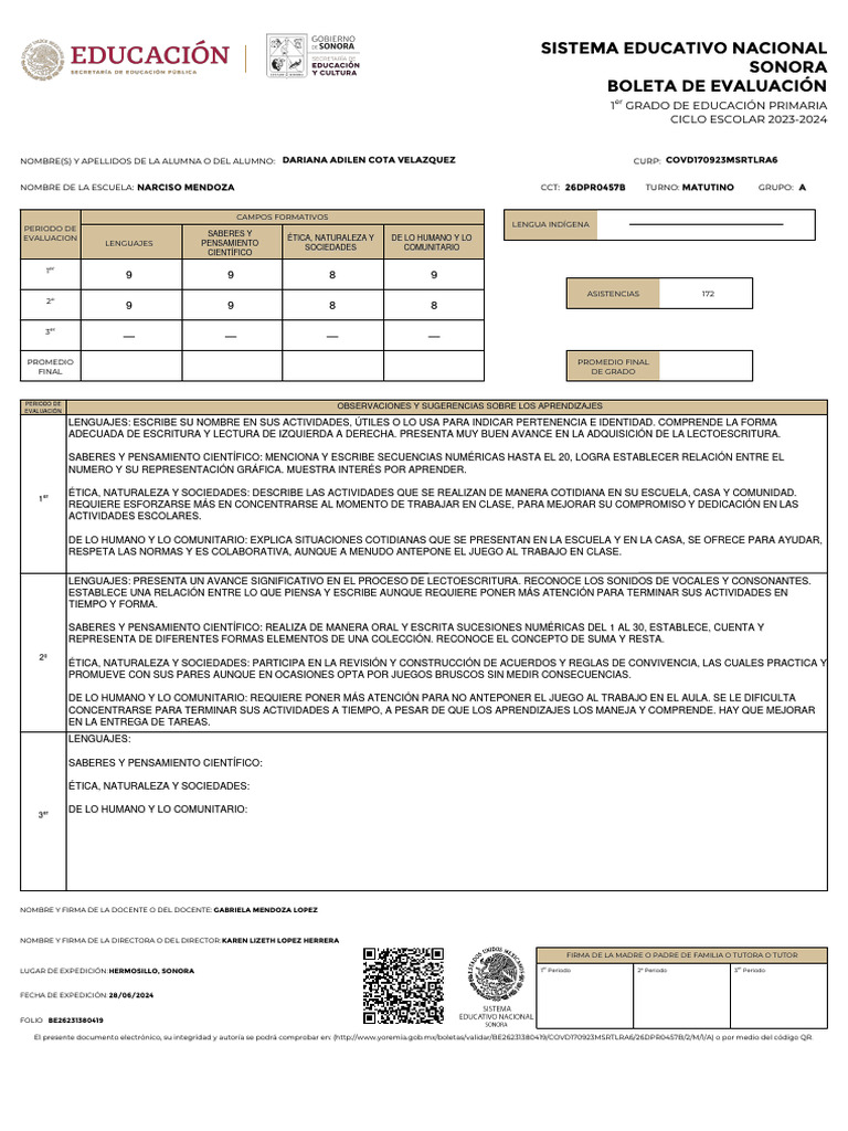 Boleta de Evaluación Primaria 2023-2024 | PDF | Evaluación | Escuelas