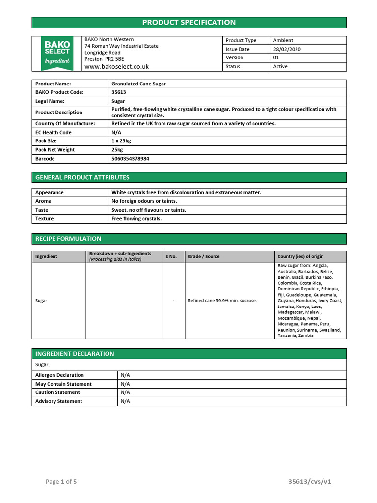 Specification - Bako - Sugar - 35613 | PDF | Sugar | Diet & Nutrition