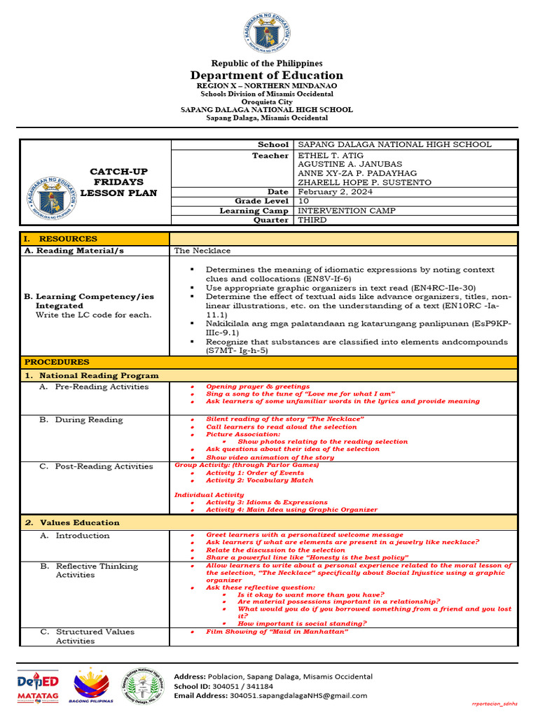 Grade 10 Catch-Up Lesson Plan | PDF | Learning | Cognition