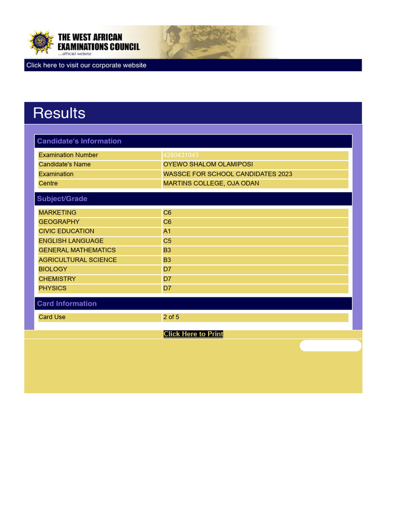 Waecdirect Online - Results | PDF