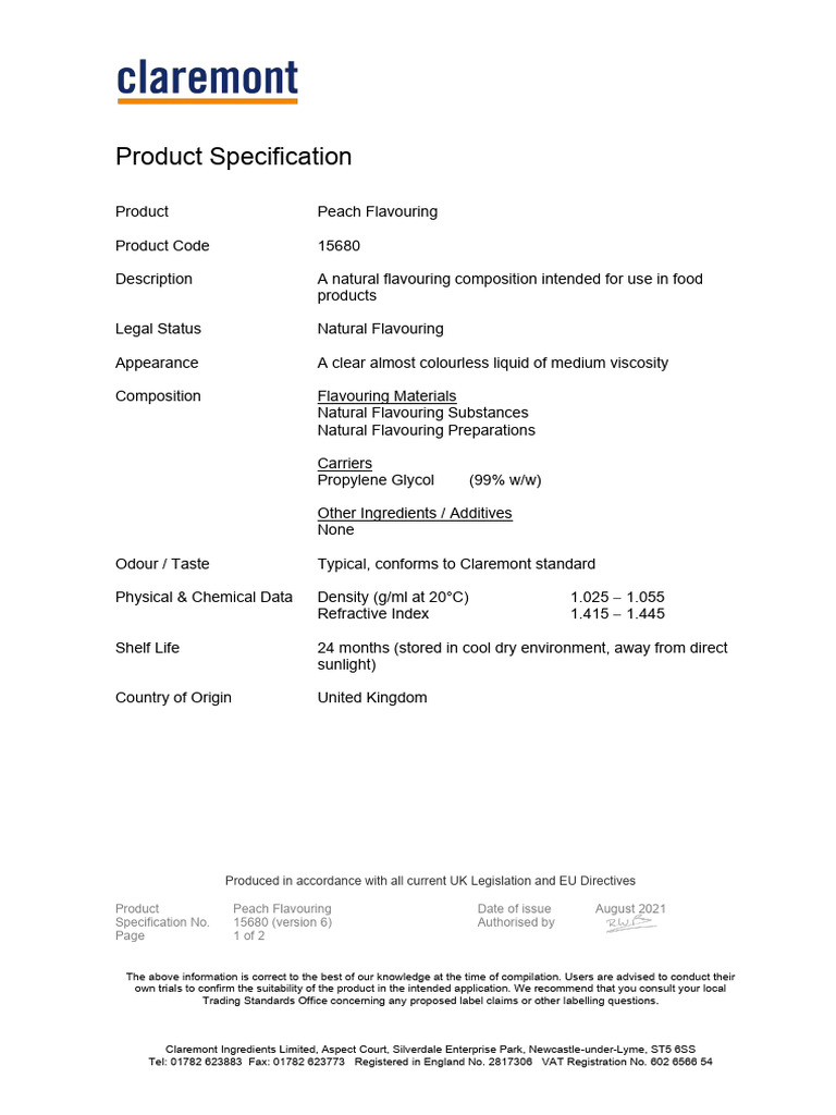 Peach Flavour TDS | PDF | Nutrition Facts Label